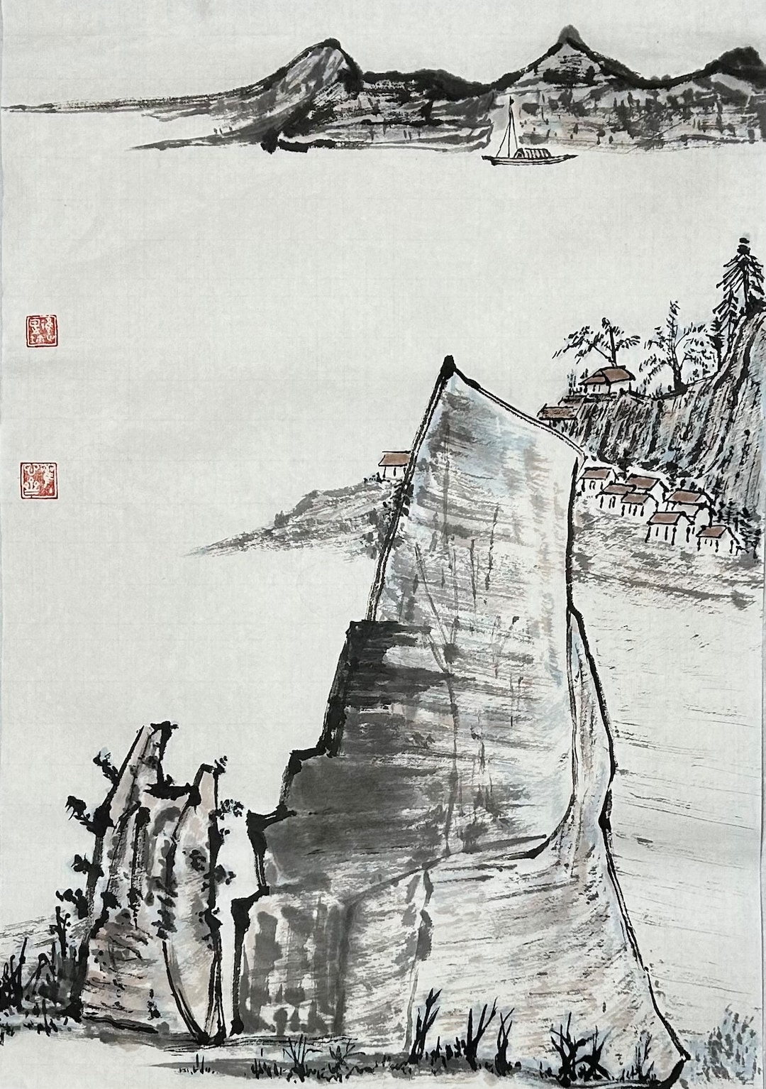 Home by the River, Original Chinese Ink and Wash Painting, Hand ...