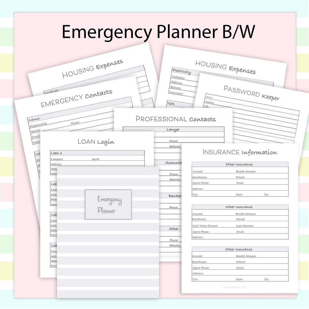 Black and White Emergency Planner in Case of Emergency - Etsy