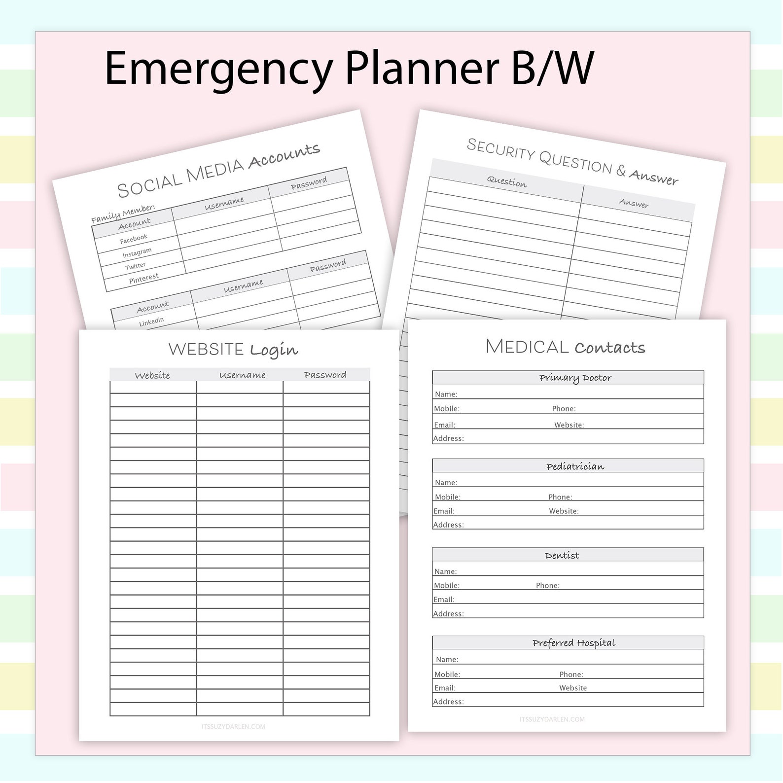 Black and White Emergency Planner in Case of Emergency - Etsy