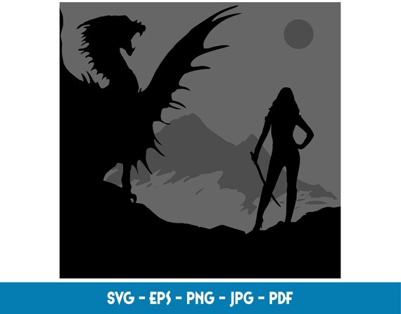 Warrior Woman With Dragon Scene SVG - Etsy