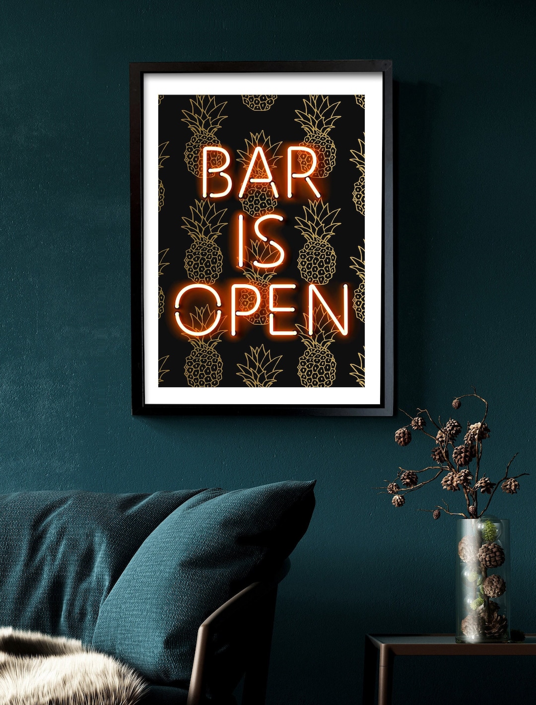 BAR IS OPEN Neon Effect Urban Art Print • Bar Prints • Bar Sign • Neon ...