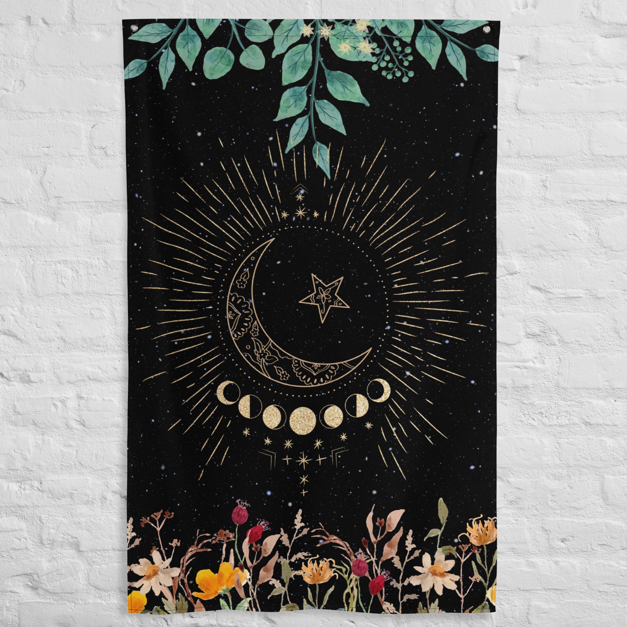 Floral Moon Phases Tapestry, Moon Phase Art, Floral Wall Decor, Witchy ...