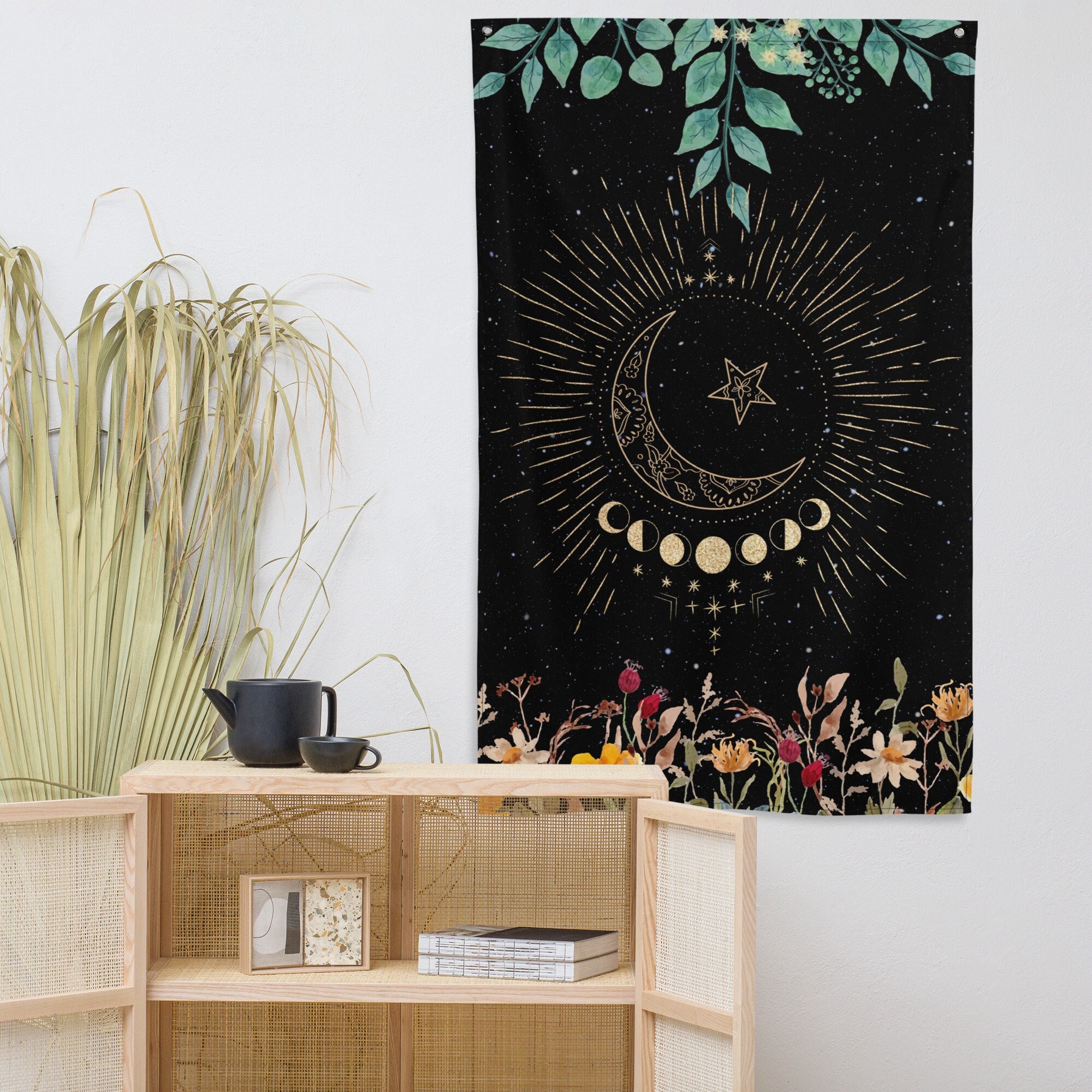 Floral Moon Phases Tapestry, Moon Phase Art, Floral Wall Decor, Witchy ...