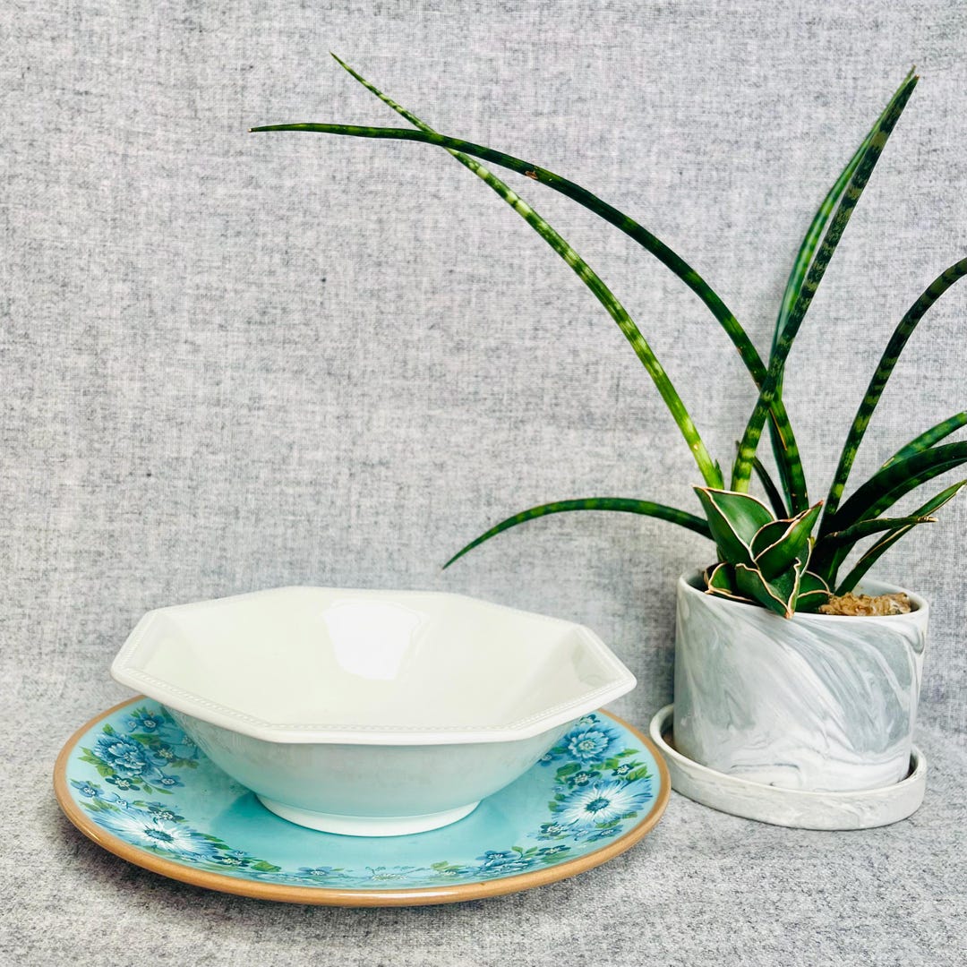 Upcycled White Geometric Ceramic Saucer Planter, Small 6” X 3” Pot With ...