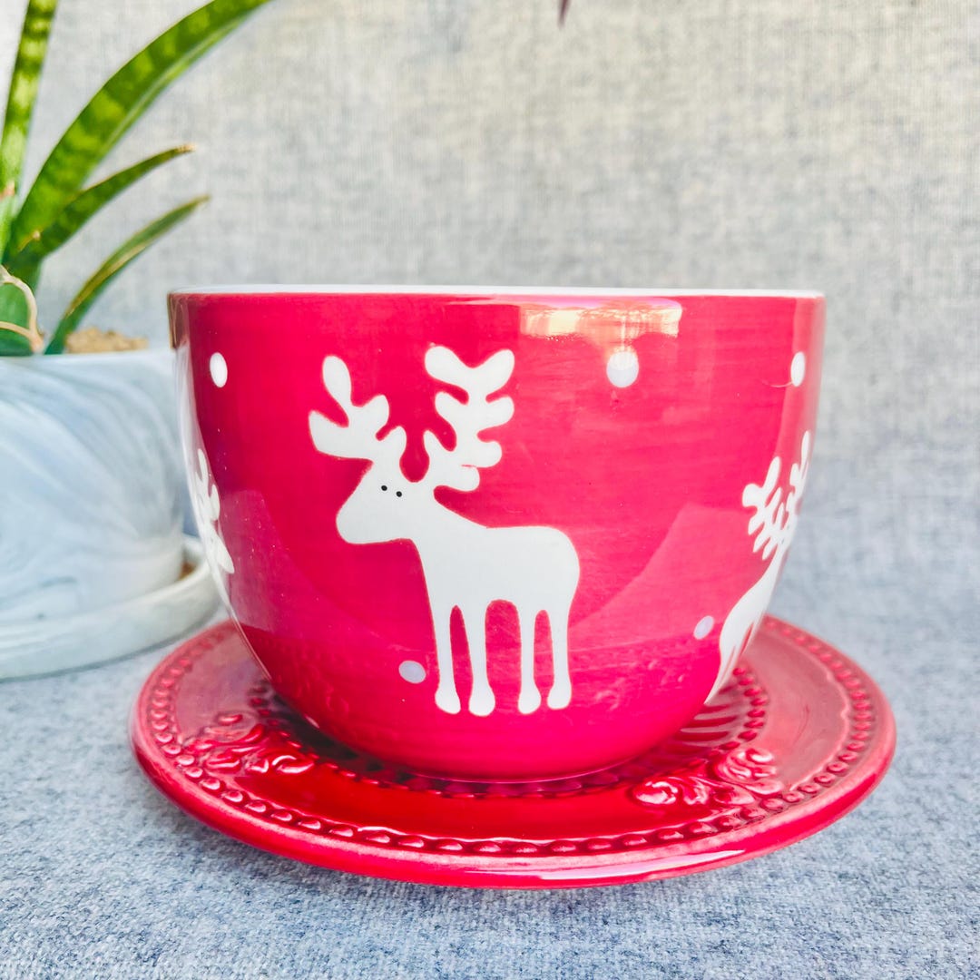 Upcycled Ceramic Red and White Reindeer Christmas Bowl Planter, 5” X 3. ...