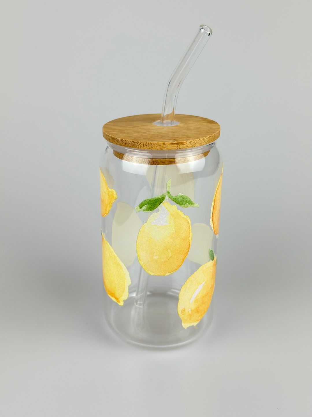 Glass Cup With Bamboo Lid and Glass Straw - Lemon Print - Iced Coffee ...