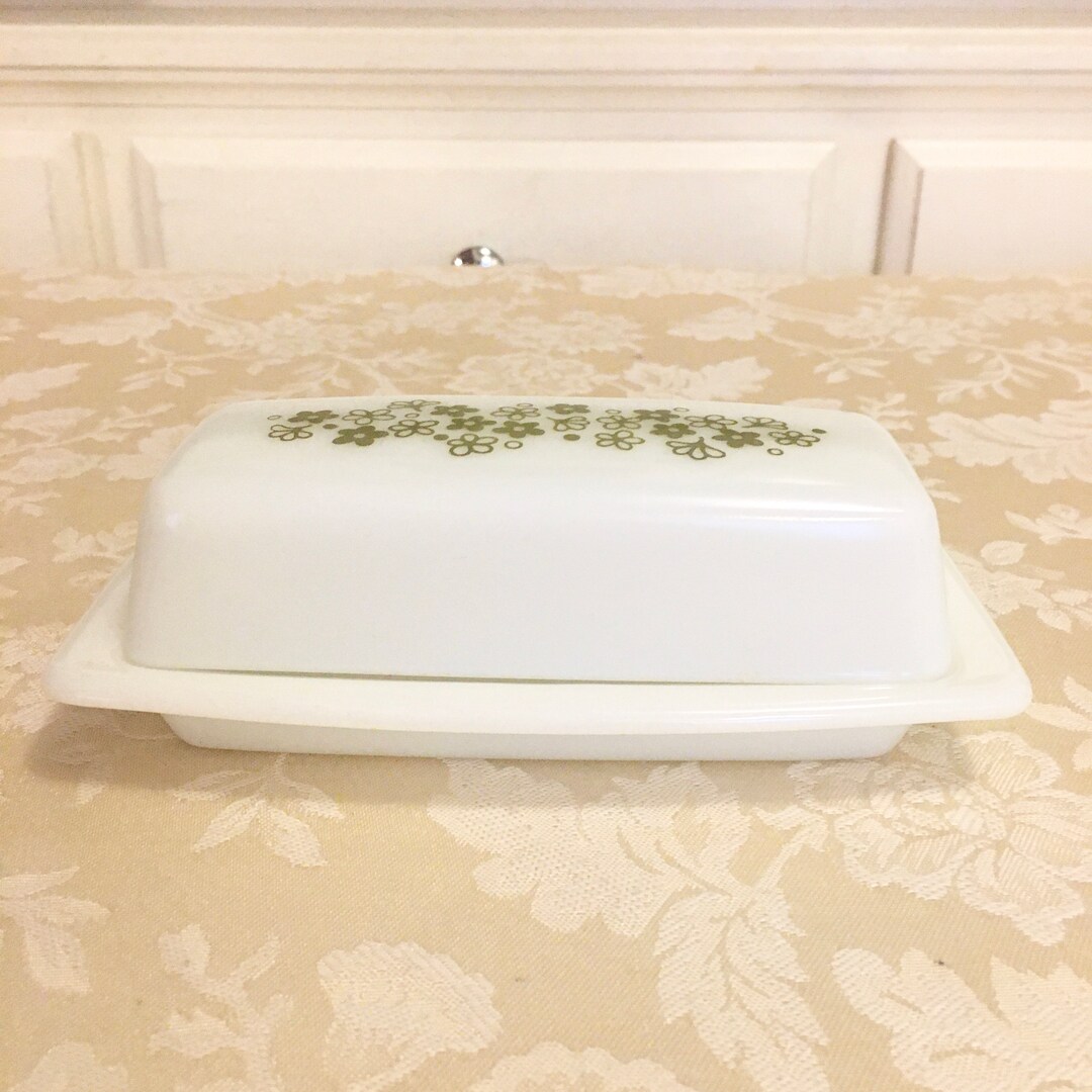 Vintage Milk Glass Pyrex Butter Dish in the Green Daisy Spring Blossom ...