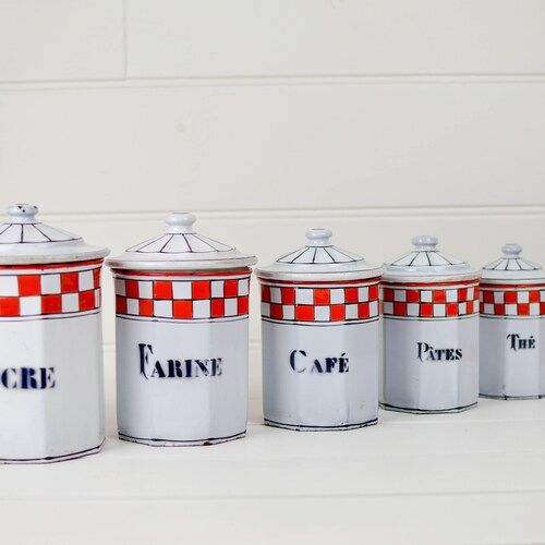 Set of 5 Vintage French Enamel Kitchen Canisters. Red-orange | Etsy