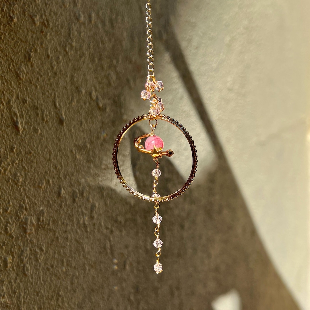 Pink Quartz Car Hanging: Gold Planet Charm, Crystal Decor - Etsy