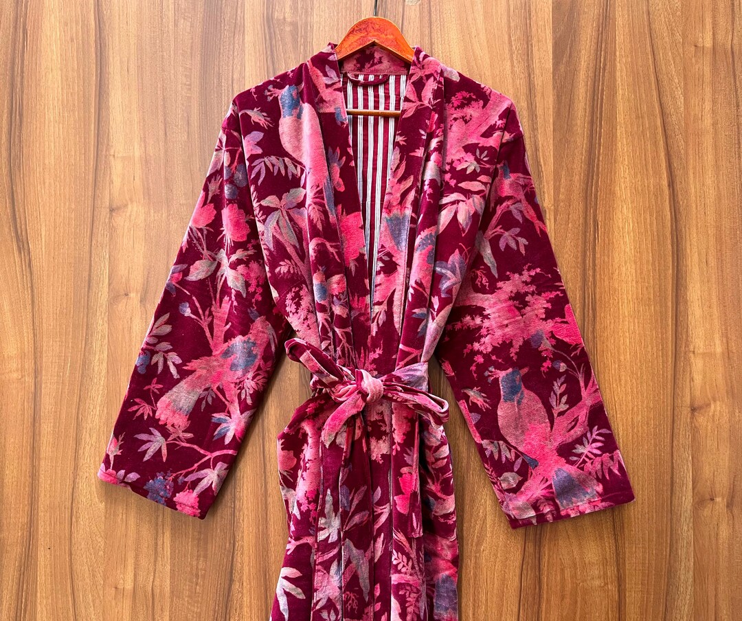 Maroon Colour Bird Print Velvet Kimono Robes,morning Tea Velvet Coat ...