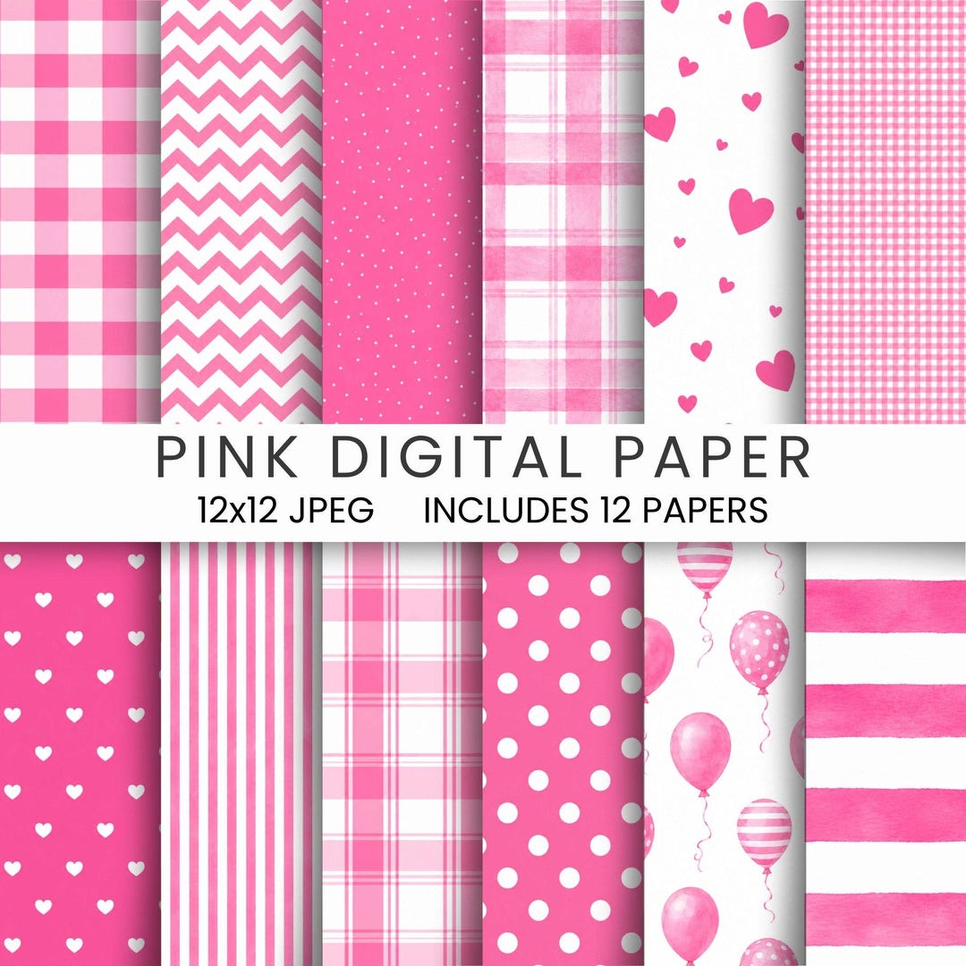 Bubblegum Pink Digital Paper Bundle, Watercolor Hearts, Gingham, Polka ...