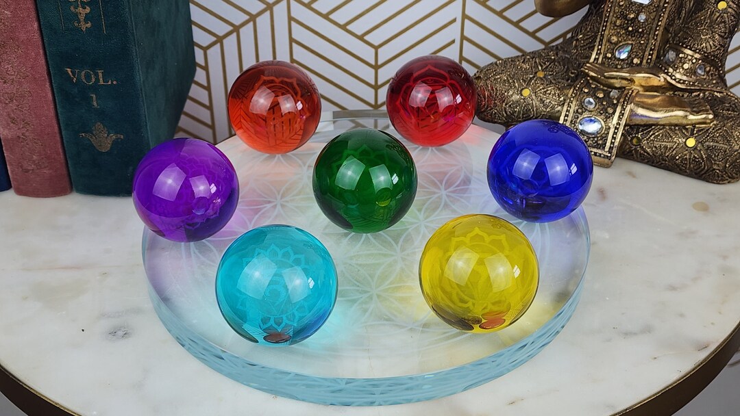 7 Chakra Glass Sphere Set Wit Tree of Life Glass Stand - Etsy