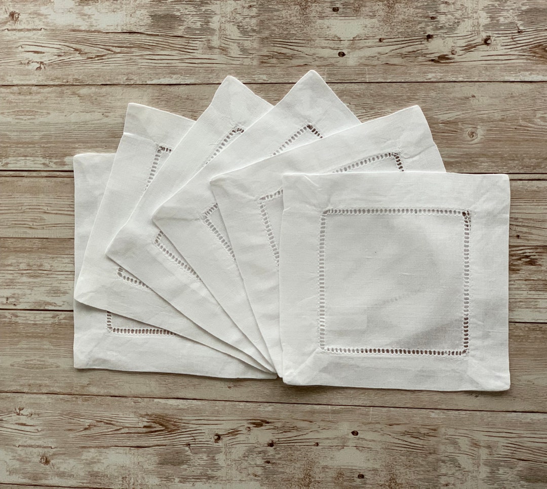 Cotton Hemstitch Cocktail Coasters - Set of 6 White Napkins - Etsy