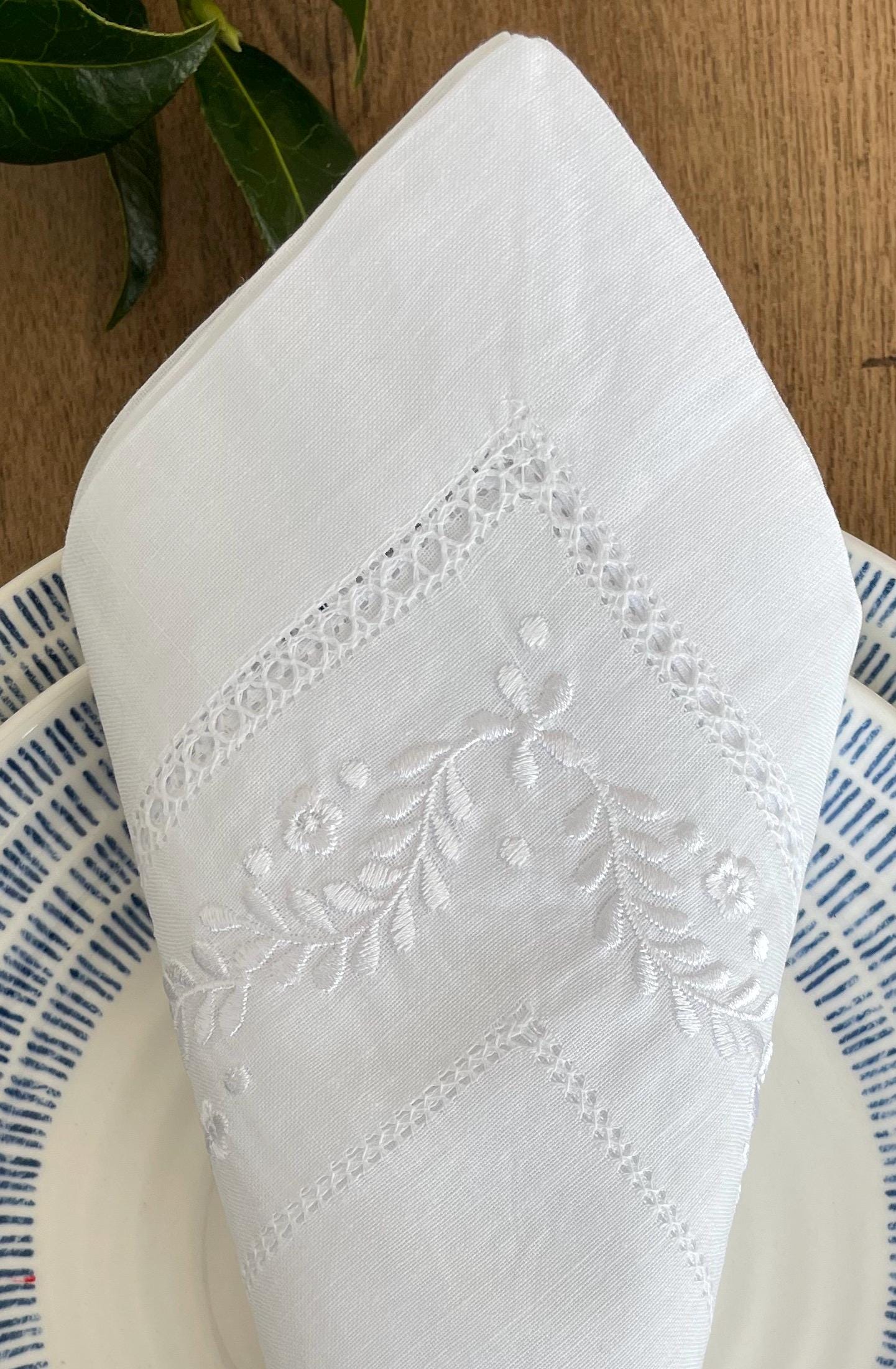 Set of 6 Cotton/ramie Napkins, 45x45 Cm White Embroidered Table Linens ...