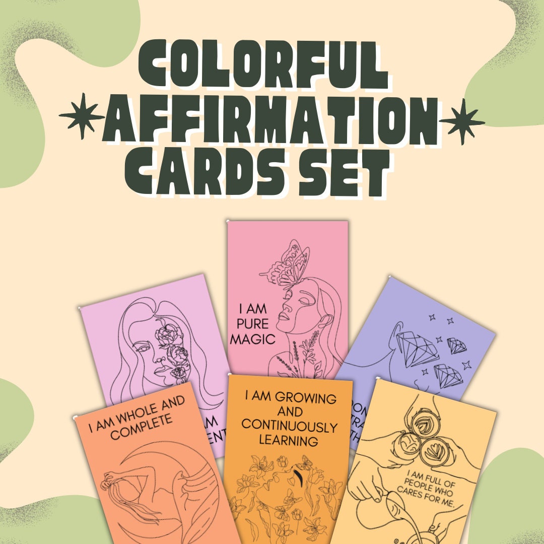 Set of 40 Colorful Lineart Theme Affirmation Cards, Positivity Cards ...