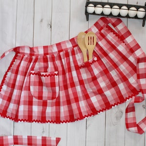 Red Buffalo Check Apron, Vintage Half Apron, Red Apron, Retro Half ...