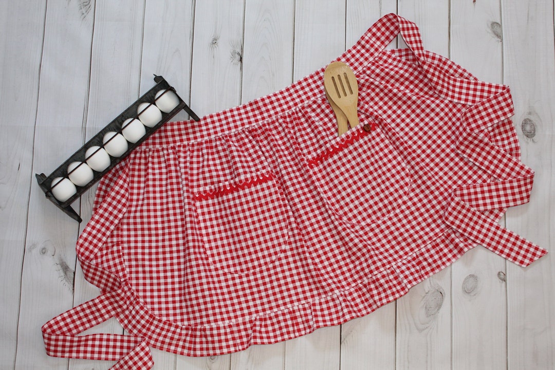 Red Checked Retro Half Apron With Ruffles, Plus Size Apron, Vintage ...