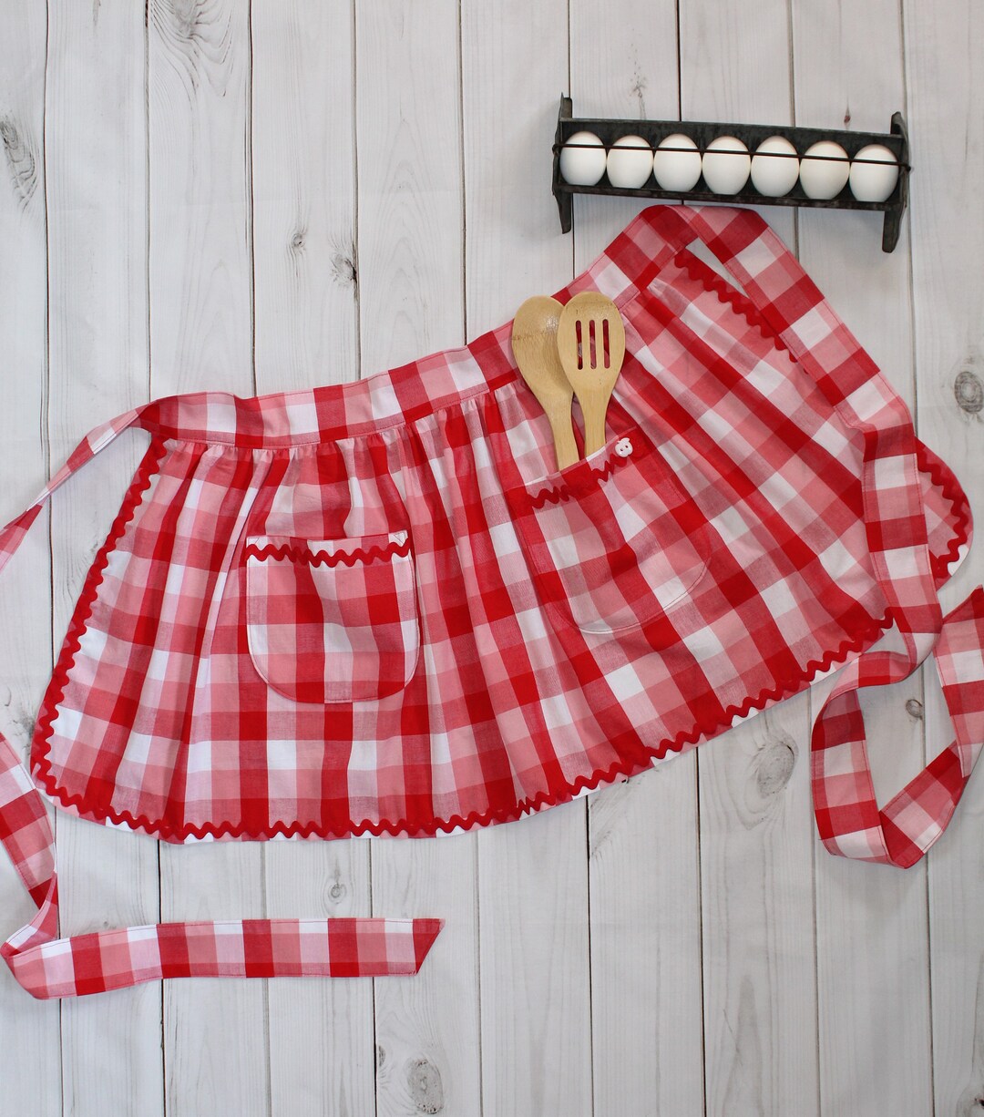 Red Buffalo Check Apron, Vintage Half Apron, Red Apron, Retro Half ...