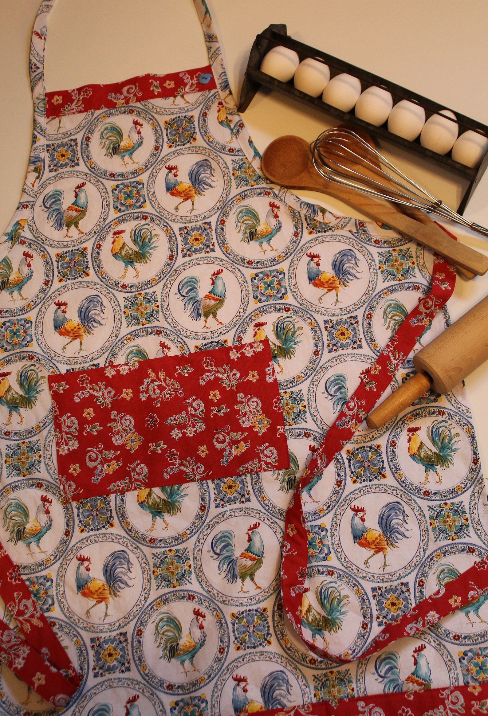 Apron With Blue Chicken Pattern and Red Trim Retro Apron for - Etsy