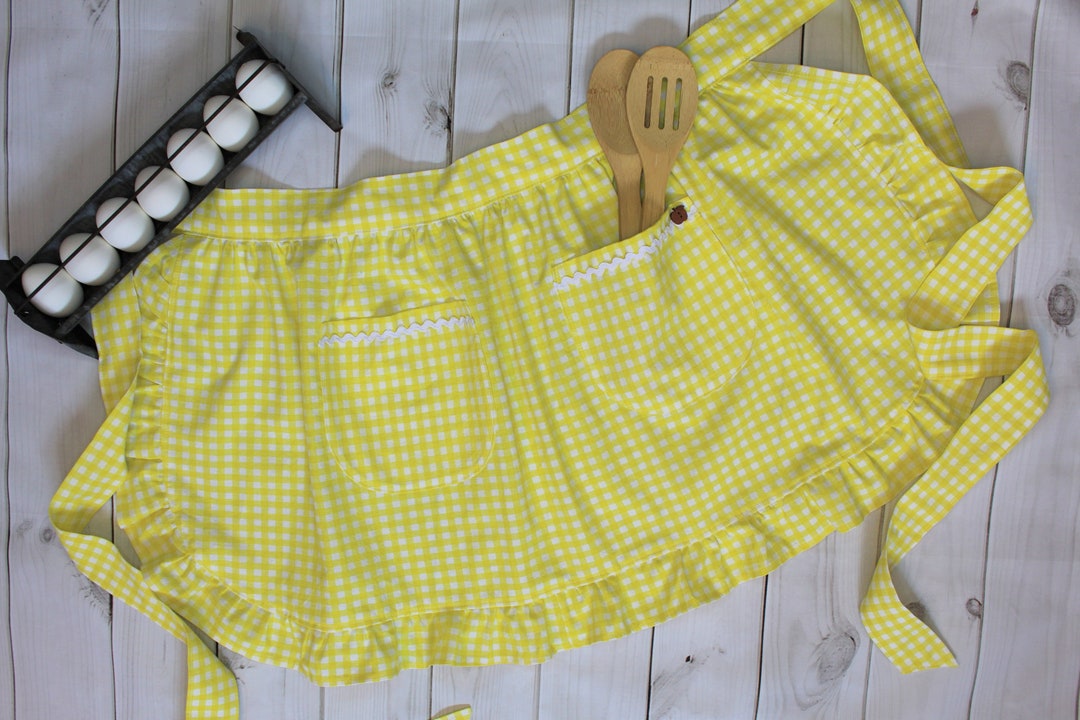 Yellow Checked Retro Half Apron With Ruffles, Plus Size Apron, Vintage ...