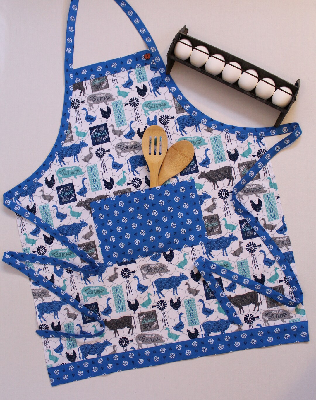 Apron With Farm Animals, Blue Apron, Vintage Apron, Retro Style Apron ...