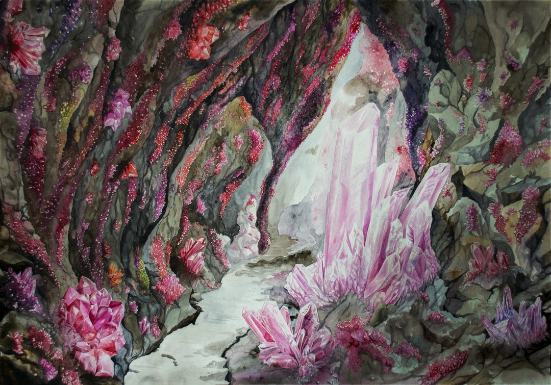 Crystal Cave Painting Mountain Cave Crystals Original Art Artwork ...