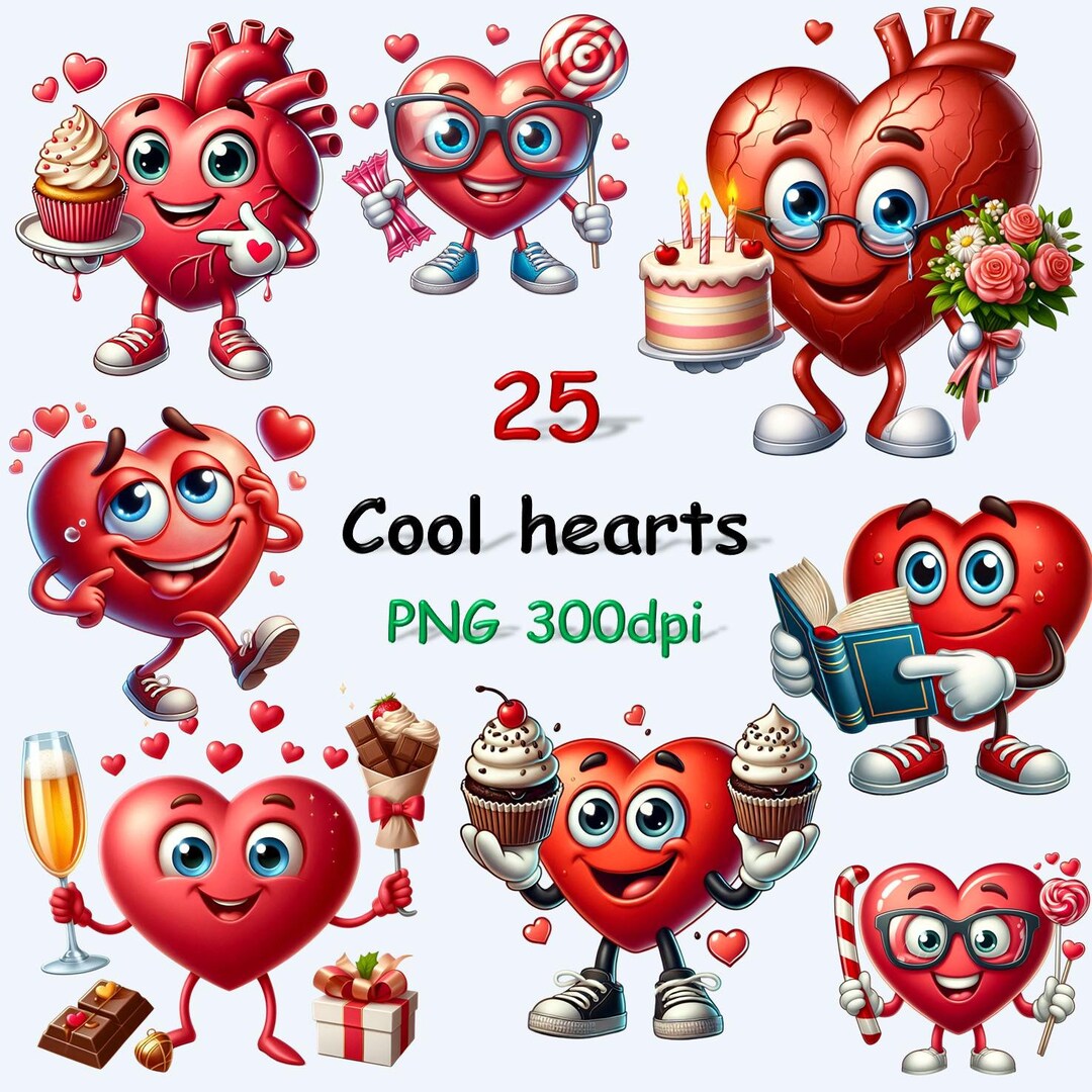 25 PNG Cool Hearts, Digital Cartoon Hearts, Valentine's Day Stickers ...
