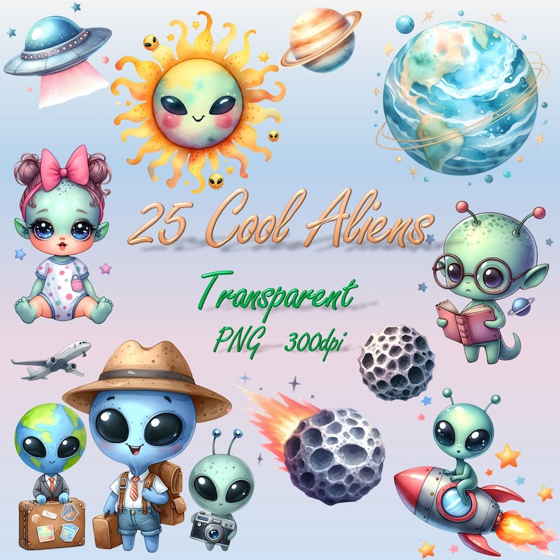 25 Pngs Cute Aliens Clipart, Watercolor Space Clipart Bundle, Cute ...
