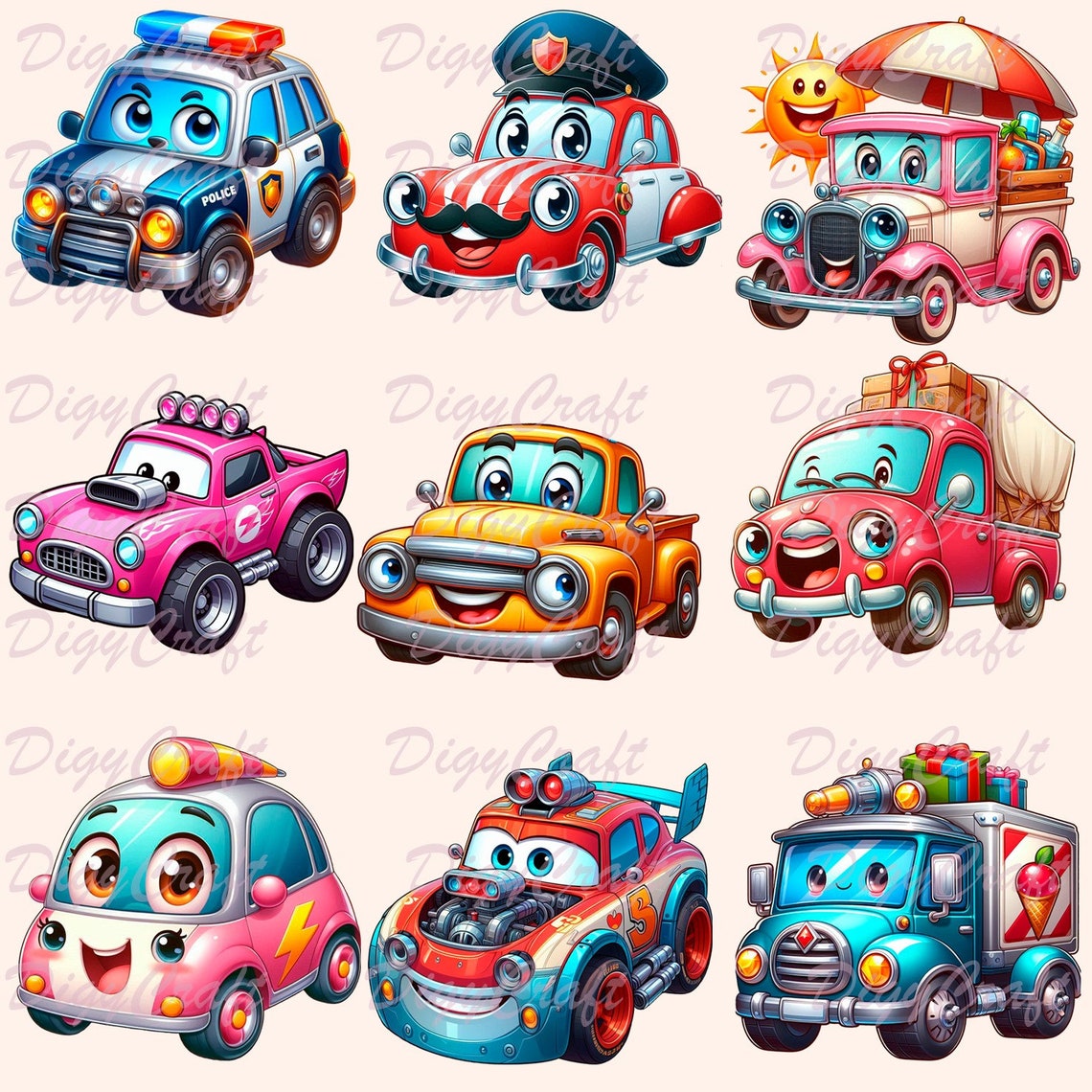 50 Funny Cars Clipart: Watercolor PNG Images (digital Download) - Etsy