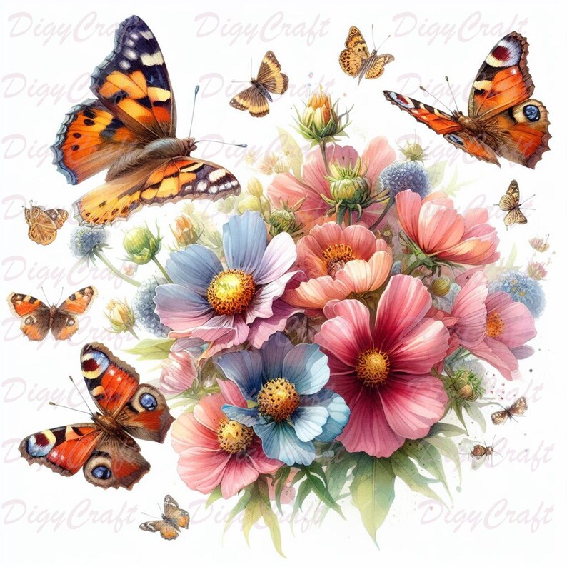 25 Images, Butterflies on Flowers, Watercolor, Clipart, Printable ...