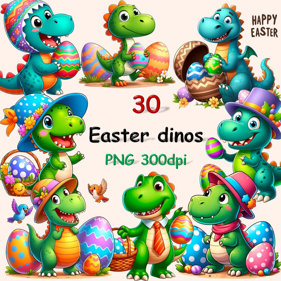 30 Pngs- Easter Dinos on Transparent Background, PNG Easter Dinosaurs ...