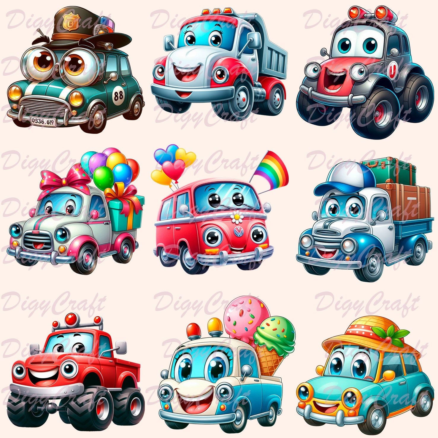 50 Funny Cars Clipart: Watercolor PNG Images (digital Download) - Etsy