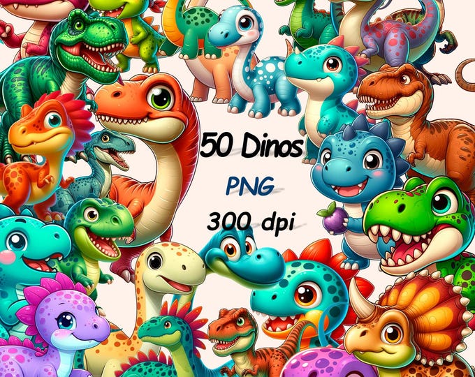 50 Cartoon Dinos, Dinosaurs Clipart on TRANSPARENT Background, Dinosaur ...