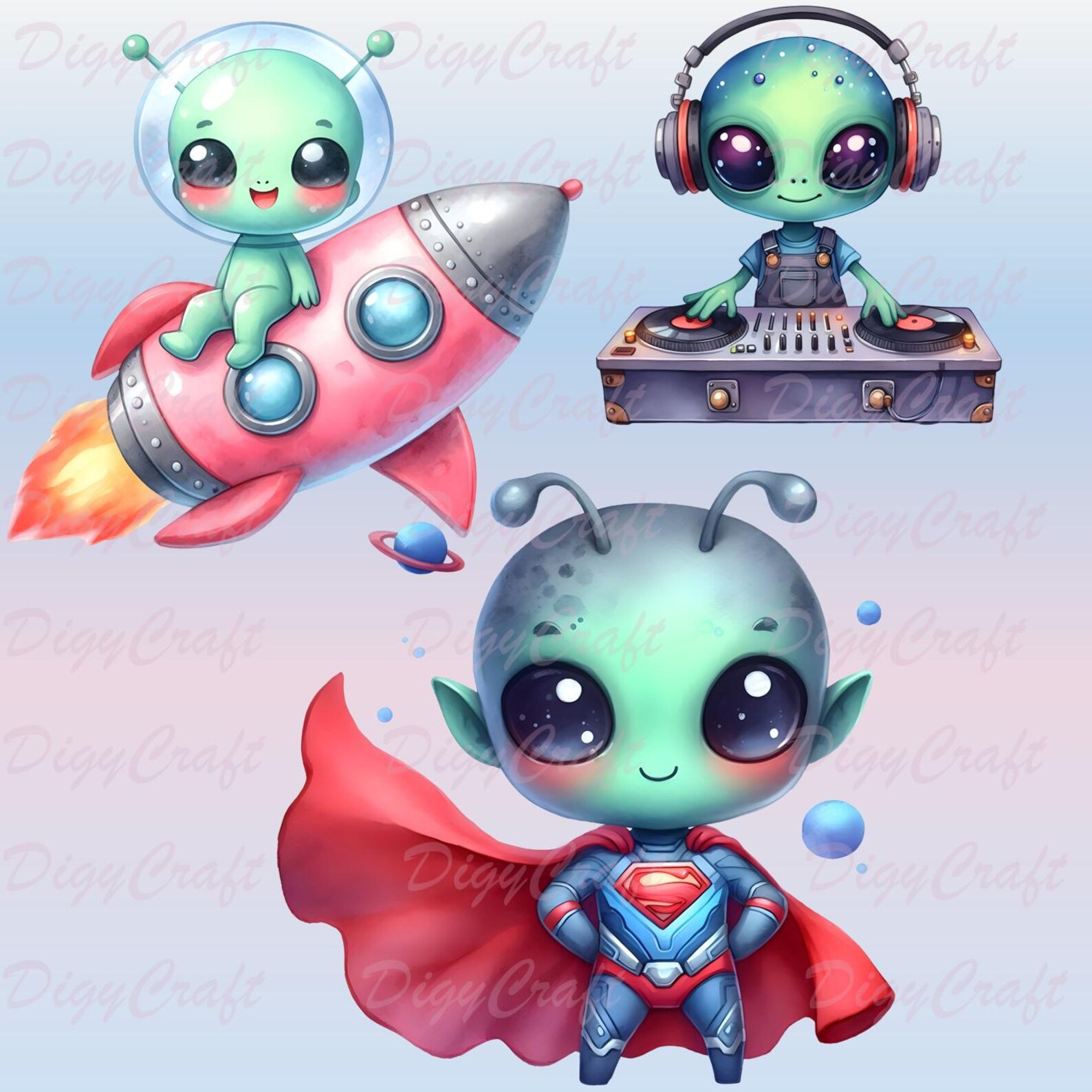 25 Pngs Cute Aliens Clipart, Watercolor Space Clipart Bundle, Cute ...