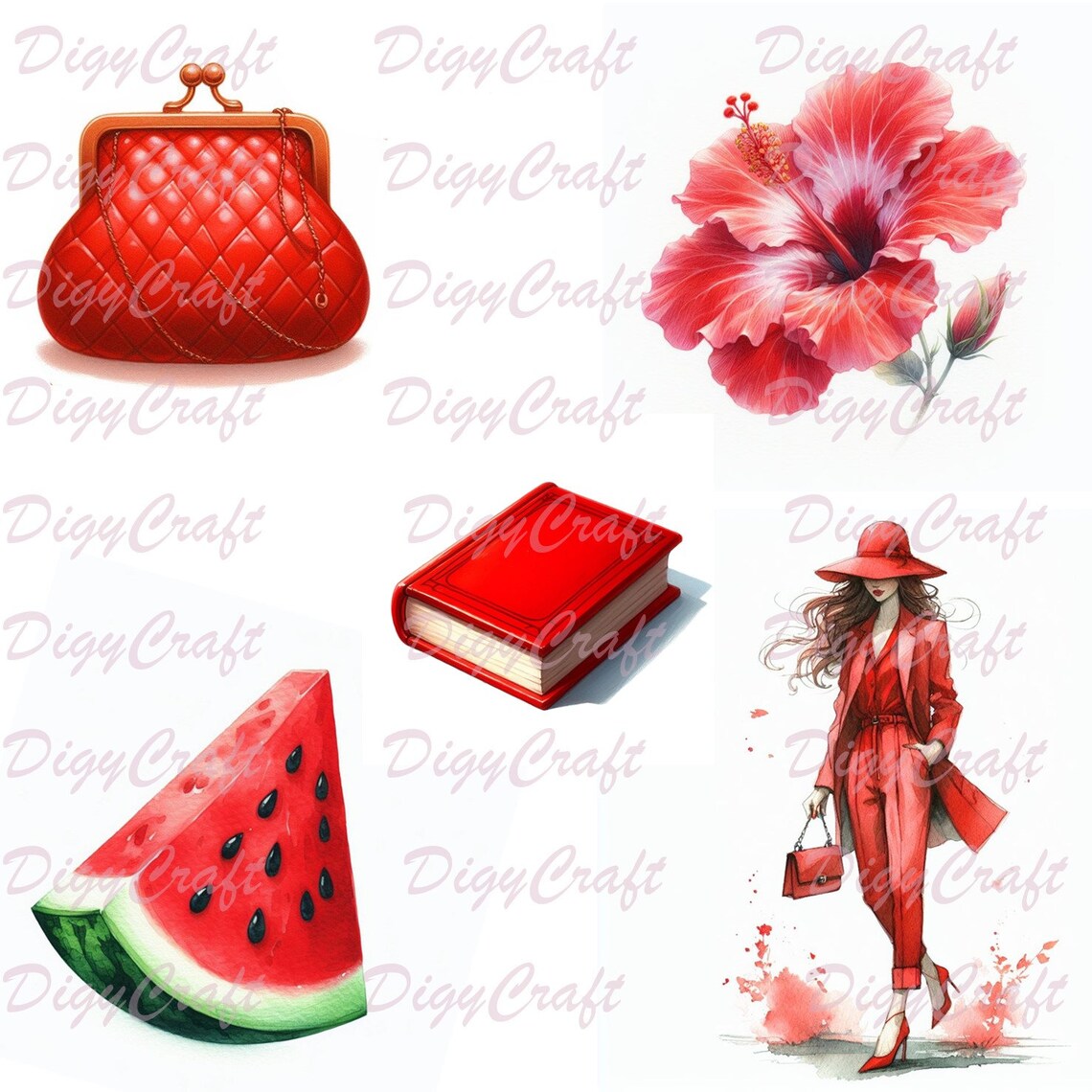 30 Images, Red Collection, Clipart, Printable Watercolor Clipart, High ...