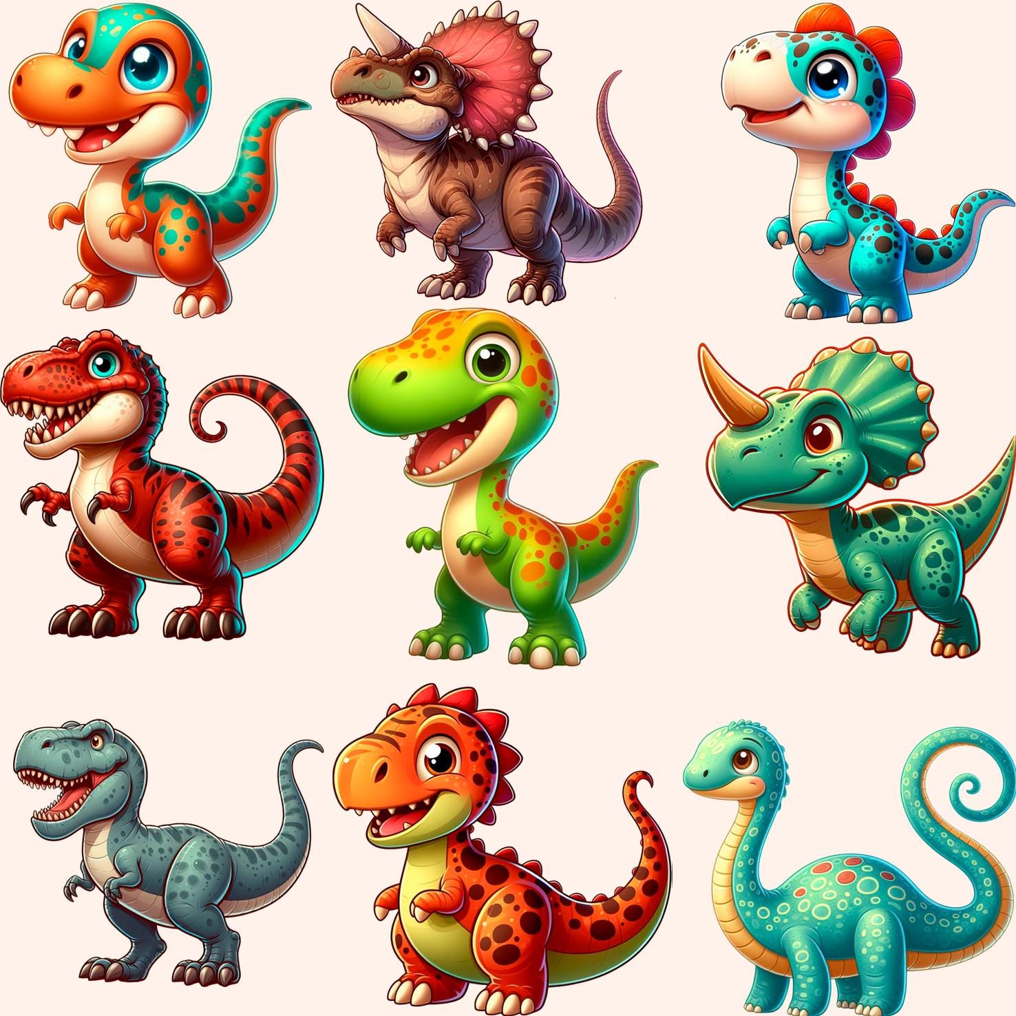 50 Cartoon Dinos, Dinosaurs Clipart on TRANSPARENT Background, Dinosaur ...