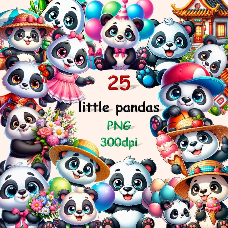 25 PNG Little Pandas, Summer Bear, TRANSPARENT Background, Printable ...