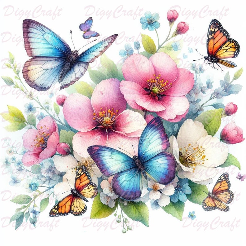 25 Images, Butterflies on Flowers, Watercolor, Clipart, Printable ...