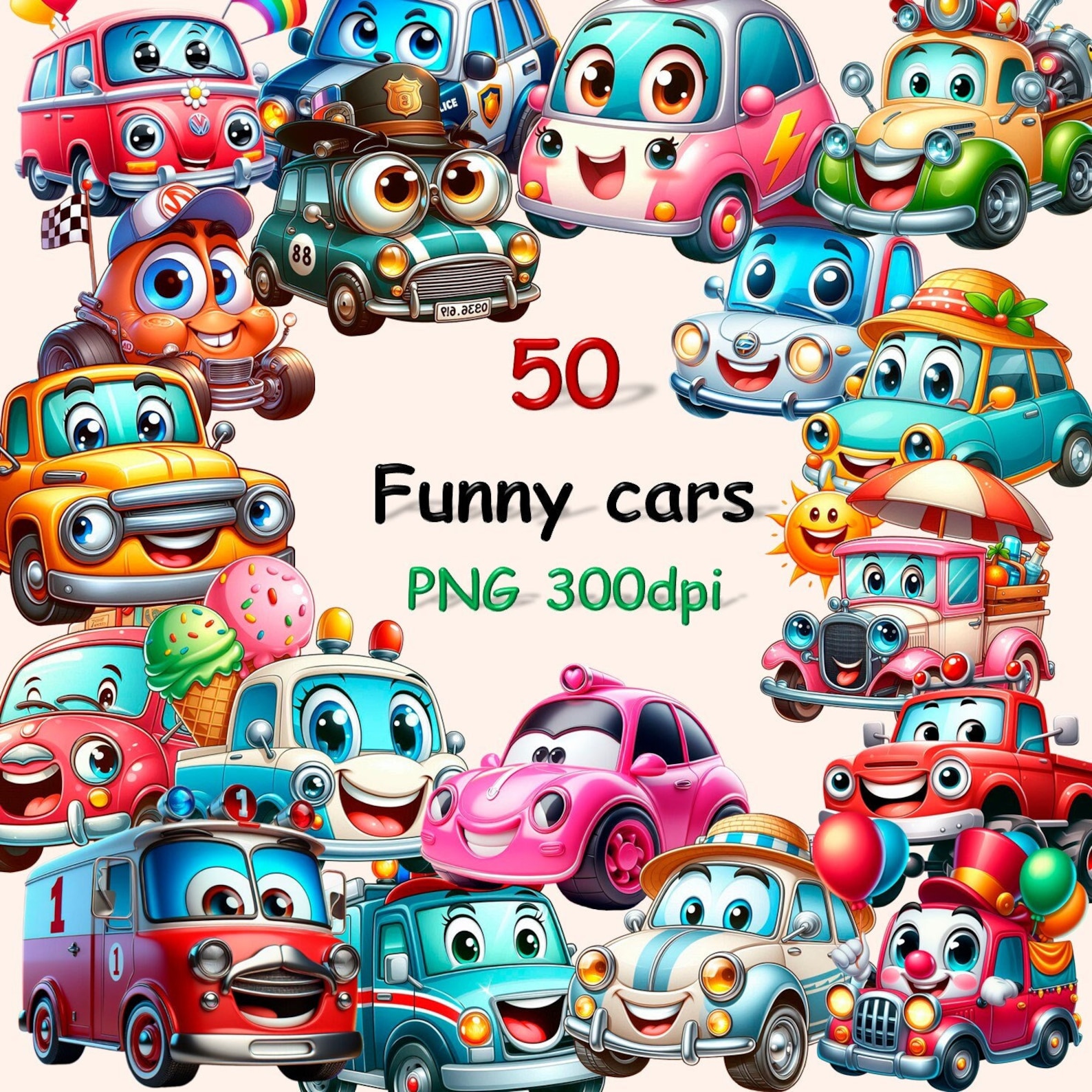 50 Funny Cars Clipart: Watercolor PNG Images (digital Download) - Etsy