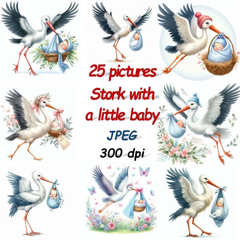 25 Images, Stork With a Newborn Baby, Watercolor - Etsy