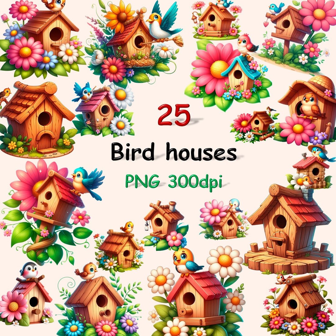 25 Watercolor Bird Houses PNG Clipart: Transparent Background (digital ...