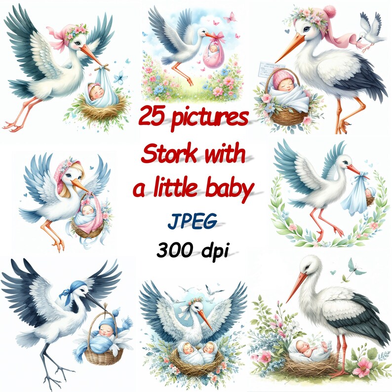 25 Images, Stork With a Newborn Baby, Watercolor - Etsy