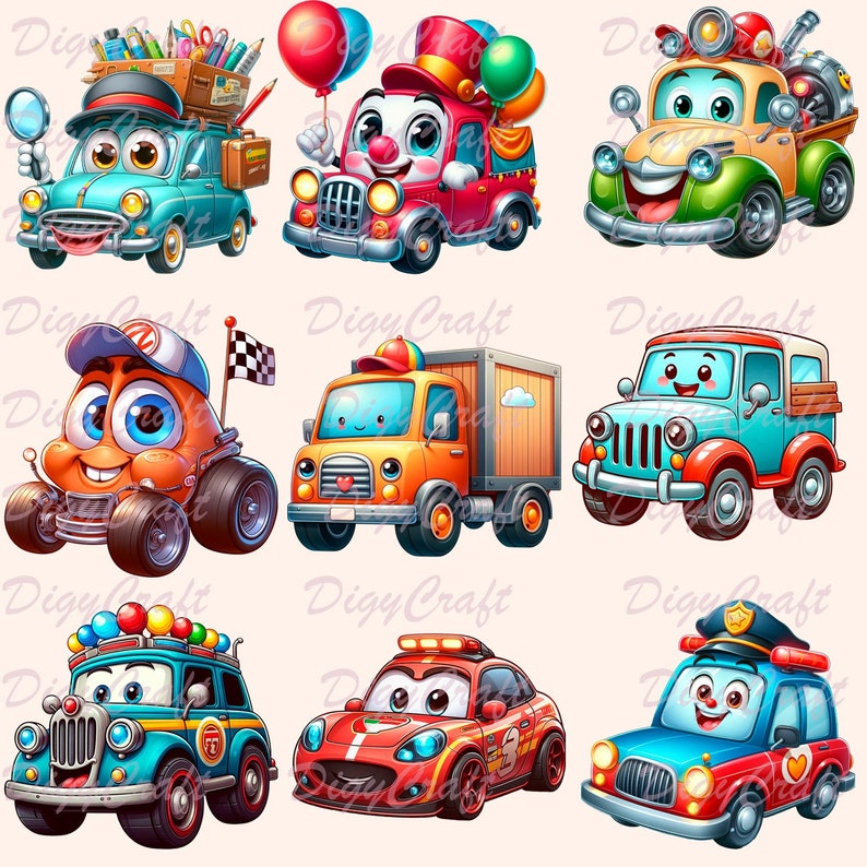 50 Funny Cars Clipart: Watercolor PNG Images (digital Download) - Etsy