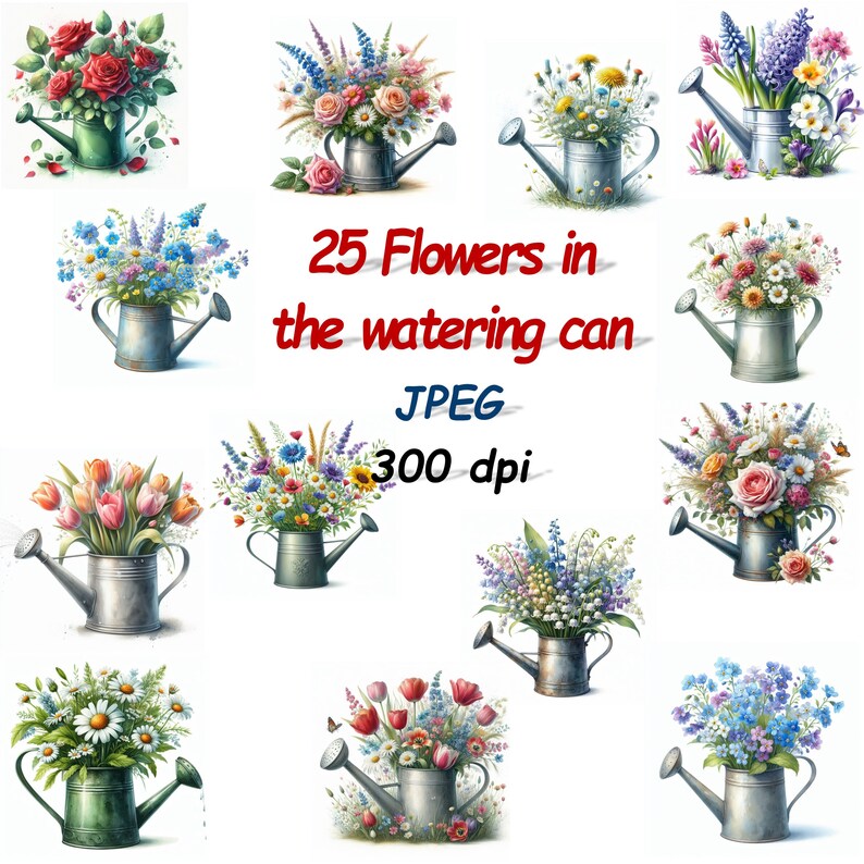 25 Flowers in the Watering Can, Watercolor - Etsy