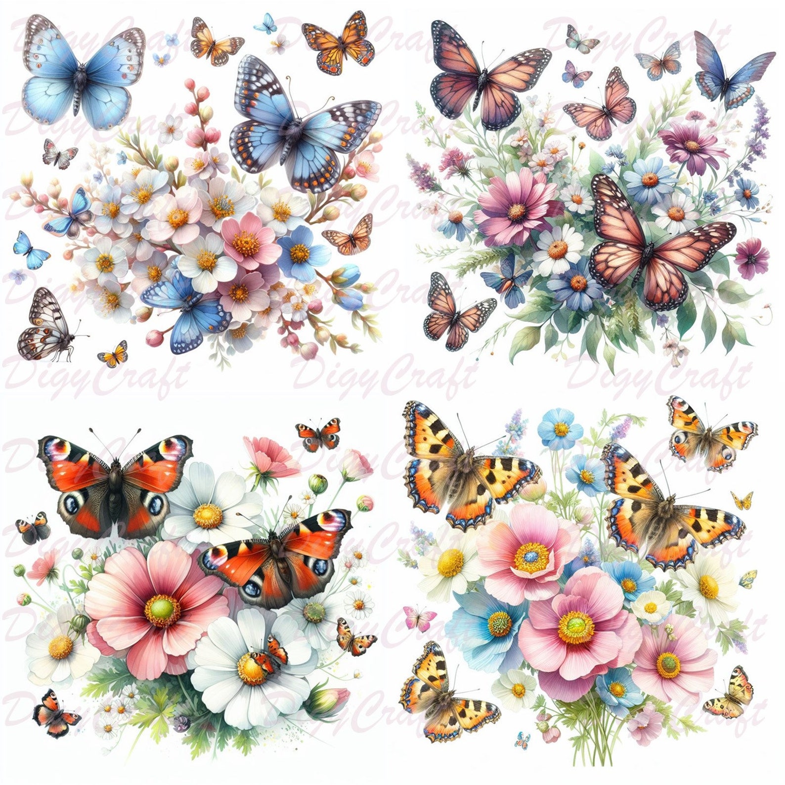 25 Images, Butterflies on Flowers, Watercolor, Clipart, Printable ...