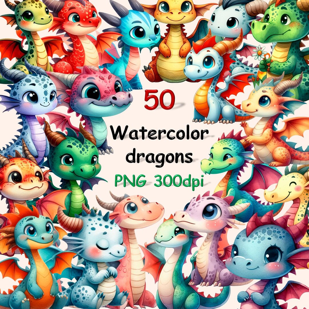 50 PNG- Watercolor Dragons, Dracons, Cute Draco, Drake, TRANSPARENT ...
