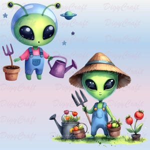 25 Pngs Cute Aliens Clipart, Watercolor Space Clipart Bundle, Cute ...