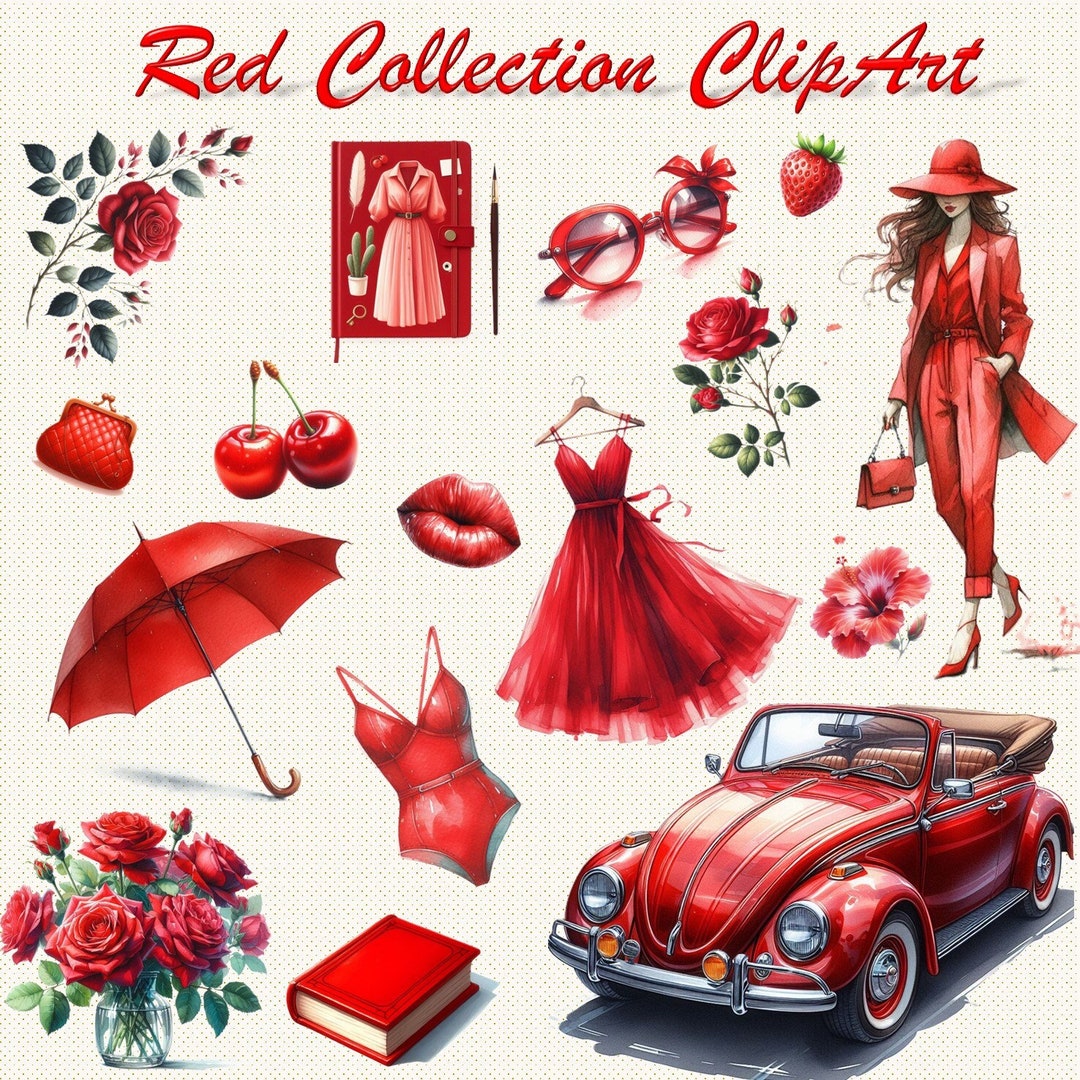 30 Images, Red Collection, Clipart, Printable Watercolor Clipart, High ...