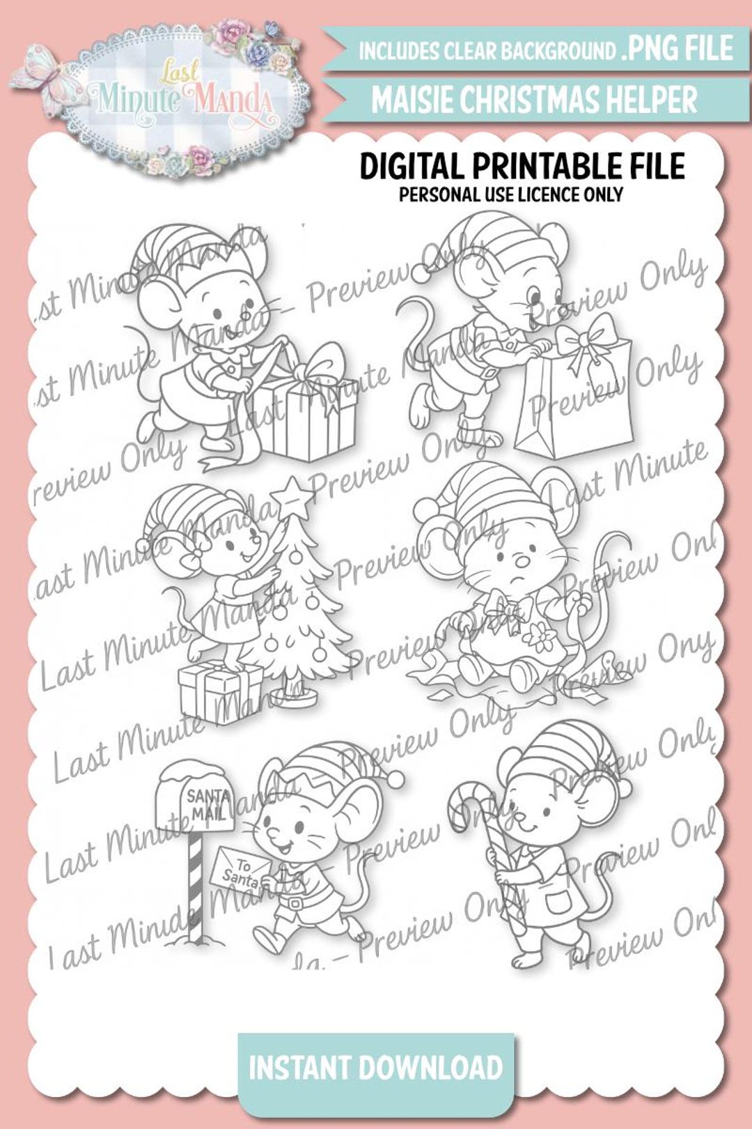 Maisie Mouse – Christmas Helper Digi Stamp Set | Cute Black & White PNG ...
