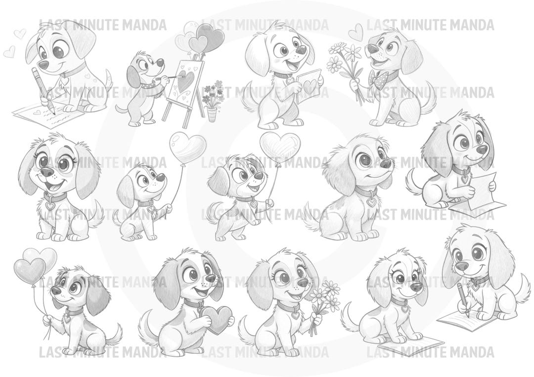 Tilly Dog Valentine Sketch Set - 14 Black & White Tilly Dog Valentine ...